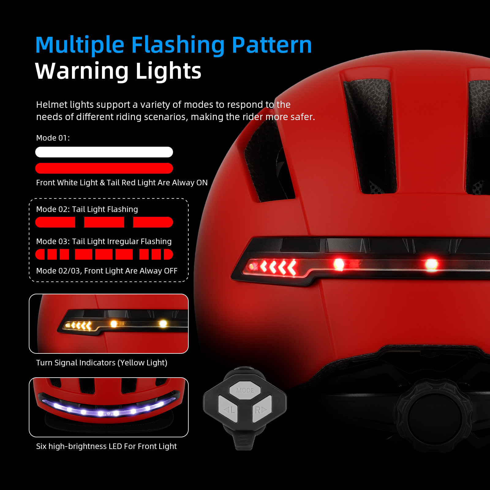 Red Smart Bicycle Helmet with Front Rear LED Light Detachable Visor and ...